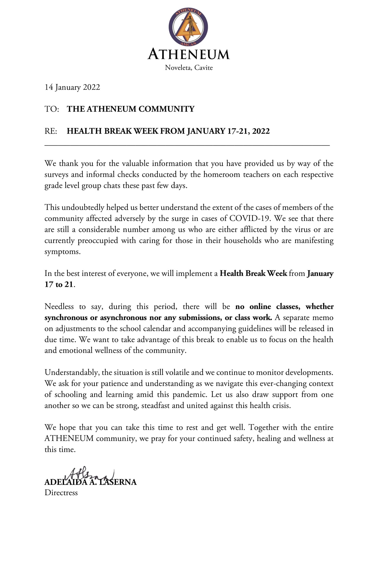 School Memo – Atheneum School